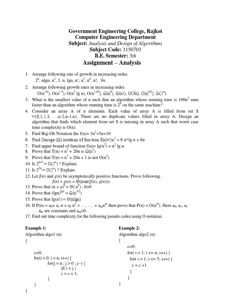 ADA Assignment On Analysis | PDF | Mathematical Logic | Algorithms And Data Structures