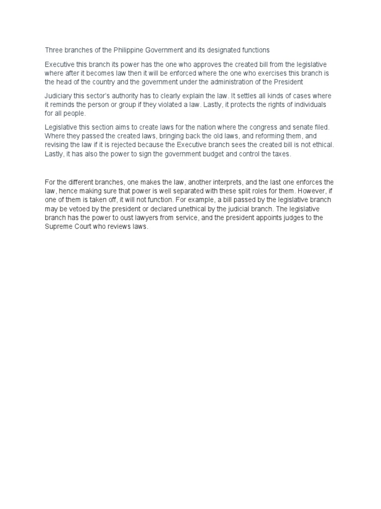 Three Branches of The Philippine Government and Its Designated ...