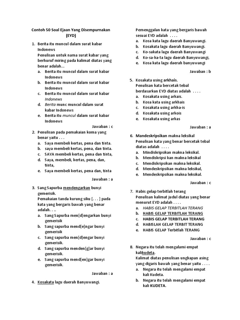 Contoh 50 Soal Ejaan Yang Disempurnakan | PDF