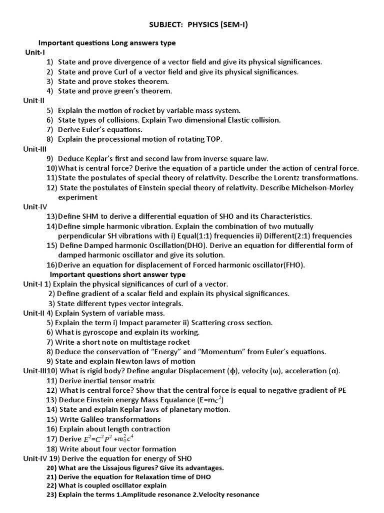 Important Questions Sem1 Physics | PDF | Force | Oscillation