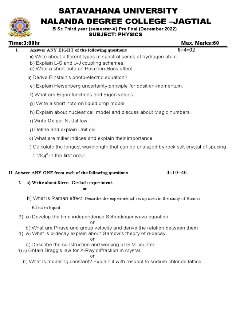 Physics 3rd Year Pre Final | PDF