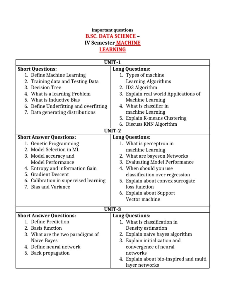 Machine Learning Unit Wise Important Questions | PDF | Machine Learning ...