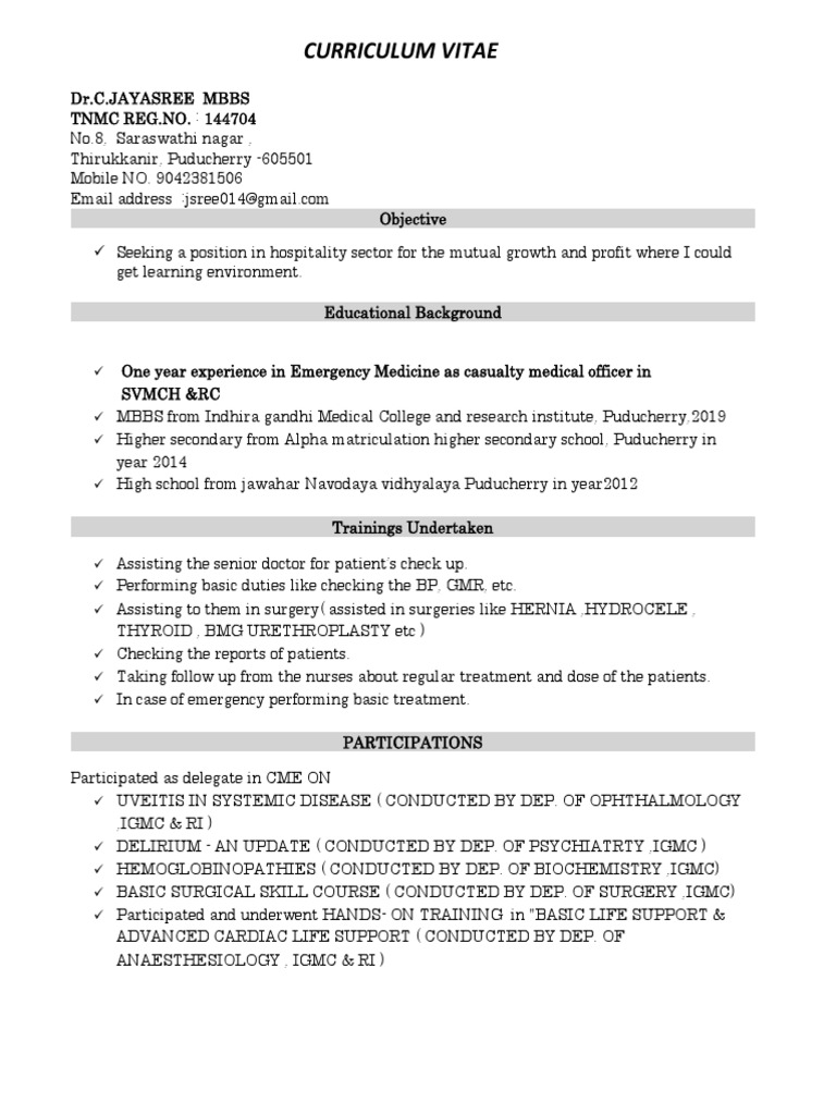 DR - Jayasree.C, MBBS Resume. | Download Free PDF | Surgery | Medicine