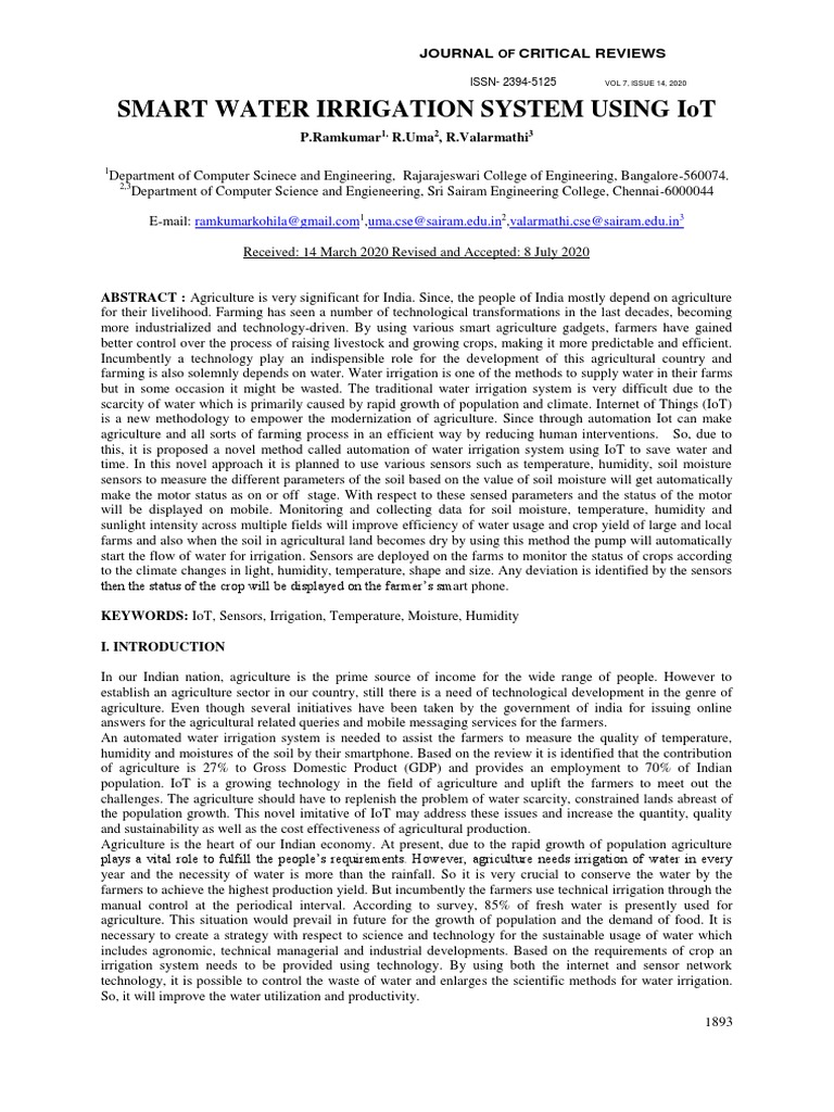 SMART WATER IRRIGATION SYSTEM USING IoT | PDF | Internet Of Things ...