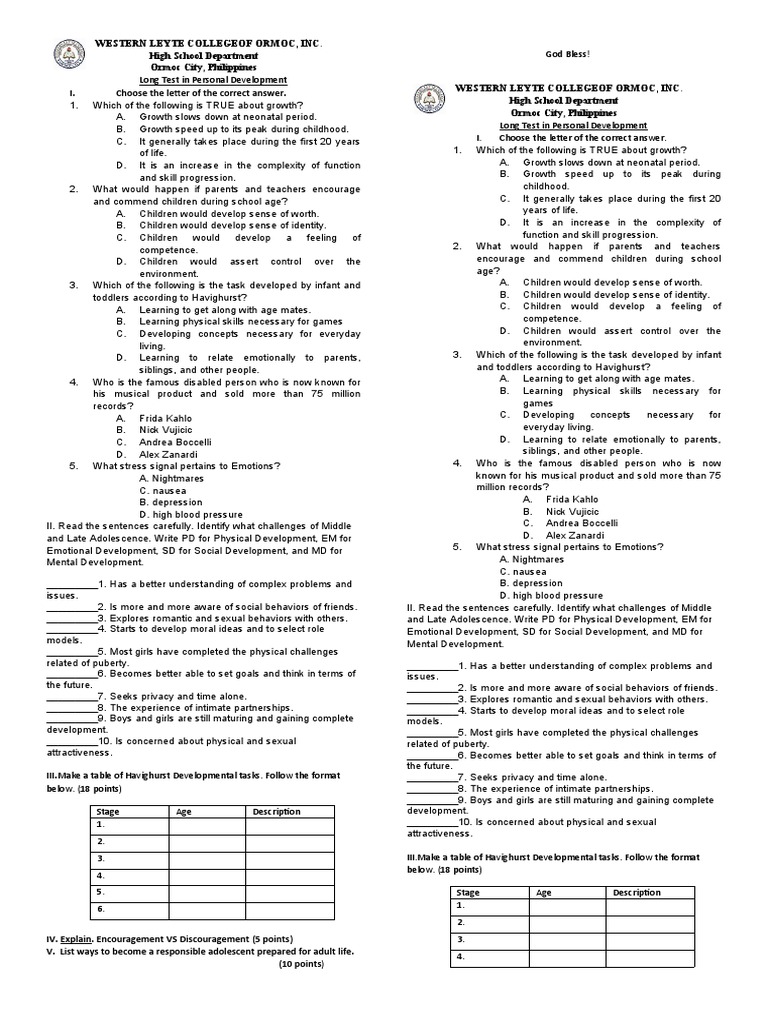 Long Test PerDev | PDF | Adolescence | Developmental Psychology