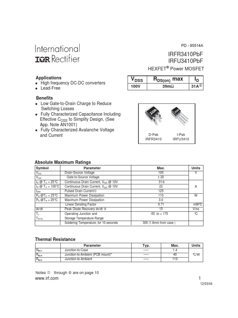Infineon IRFR3410 DataSheet v01 - 01 EN | PDF | Field Effect Transistor | Diode