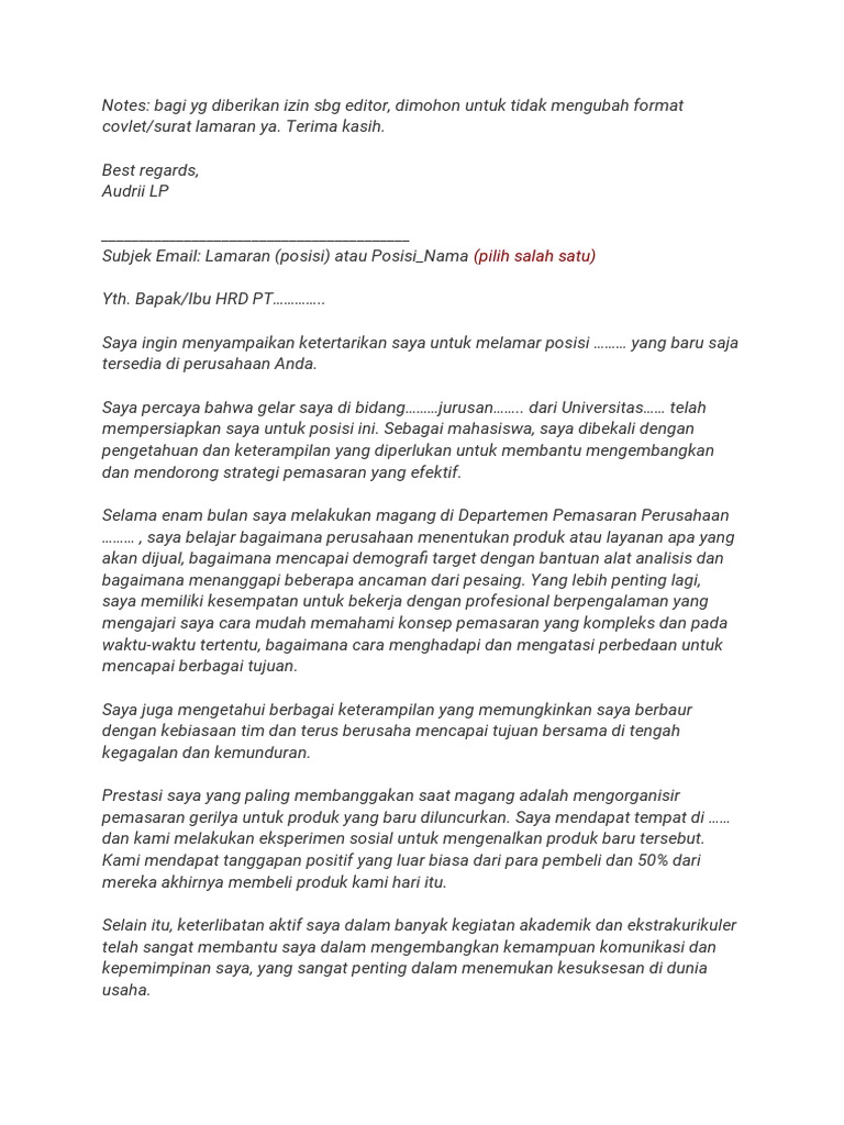 Contoh Cover Letter - Dengan Pengalaman Magang | PDF