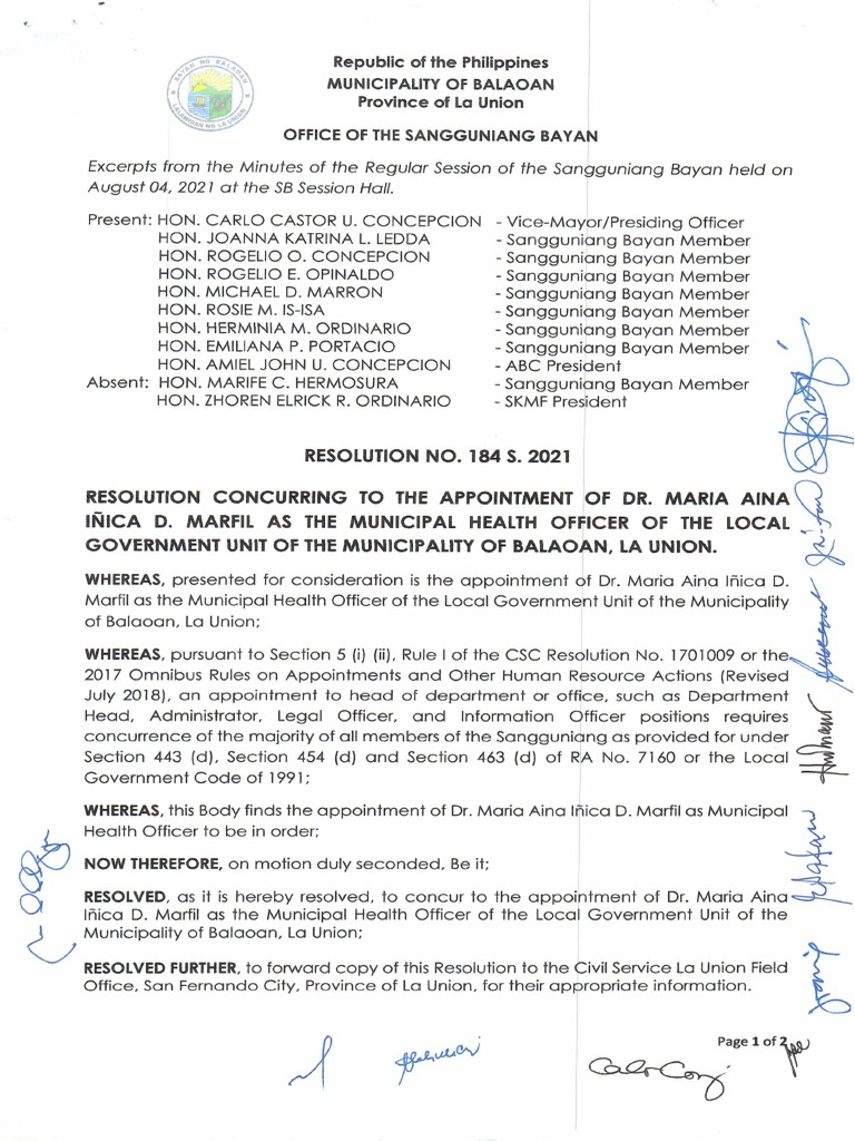 Resolution 184 S. 2021 - Concurring To The Appointment of Dr. Maria Aina D. Marfil As The ...
