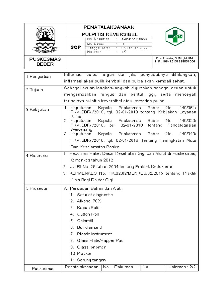 SOP Pulpitis Reversibel Puskesmas | PDF