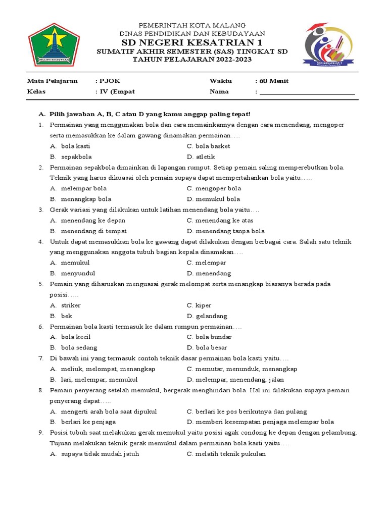Soal Sas 1 Pjok KLS 4 2022-2023 | PDF