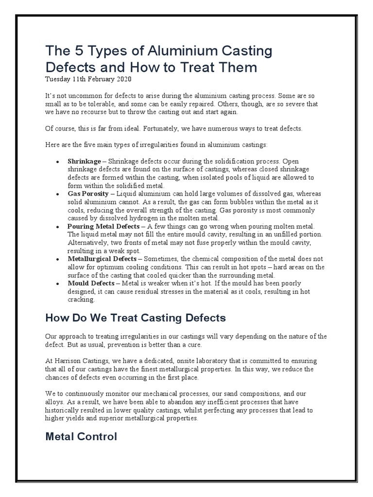 Aluminium Casting Defects and How To Treat Them | PDF | Casting ...