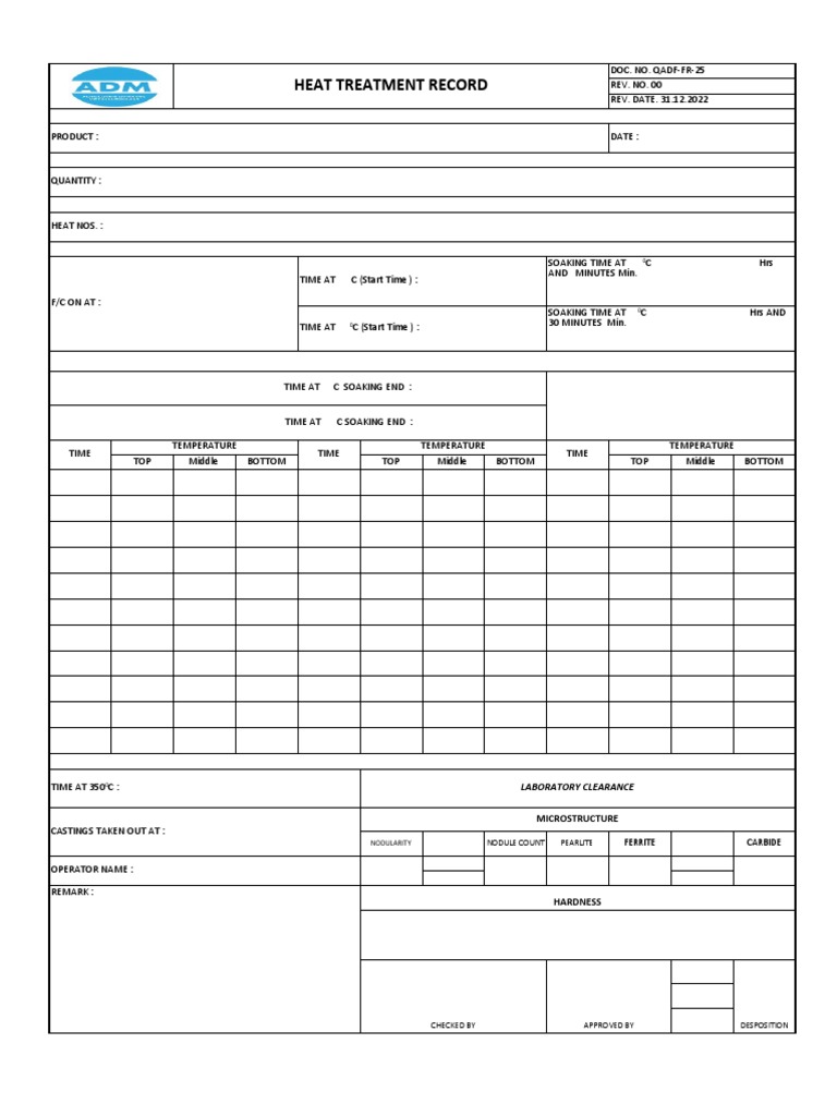 QADF-FR-25 Heat Treatment Record | PDF | Heat Treating | Industrial ...