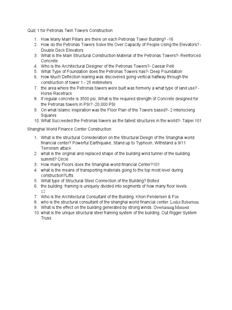 Petronas Towers and Shanghai Center Quiz | PDF