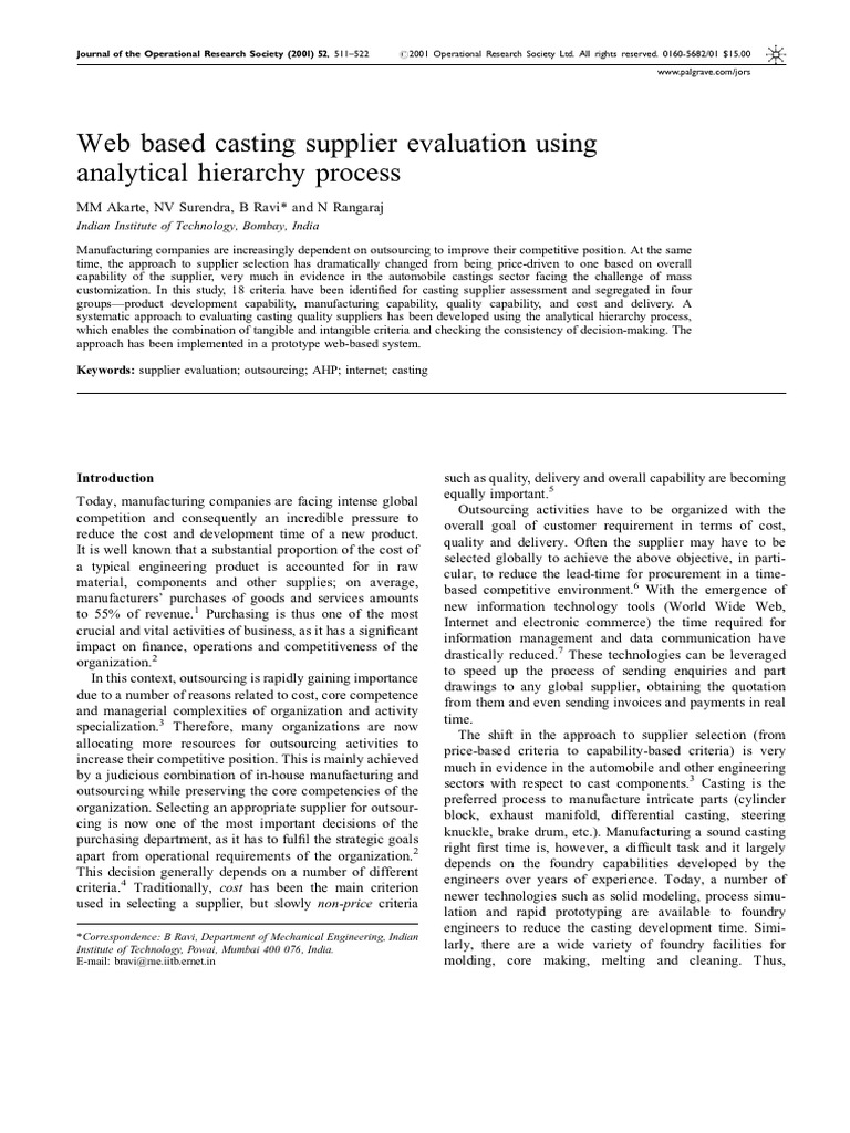 Case Study 2 (Supplier Evaluation Using AHP Approach) | PDF ...