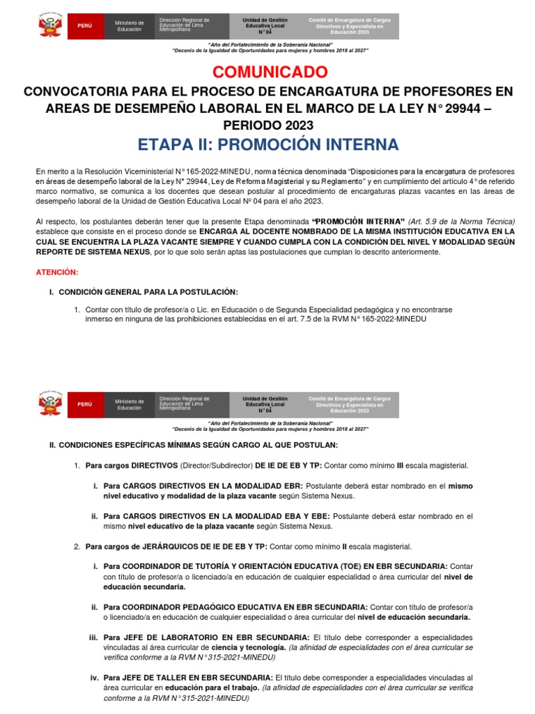 Comunicado Sobre El Proceso de Promocion Interna | PDF | Lima | Maestros