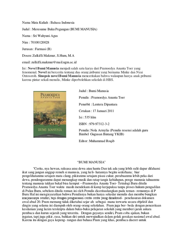 Ringkasan Novel Bumi Manusia | PDF