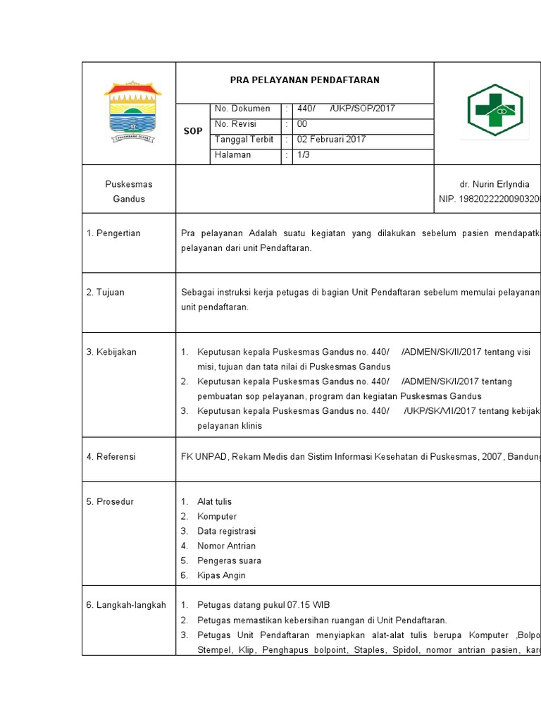 SOP Pra Pelayanan Pendaftaran Puskesmas | PDF | Sains & Matematika