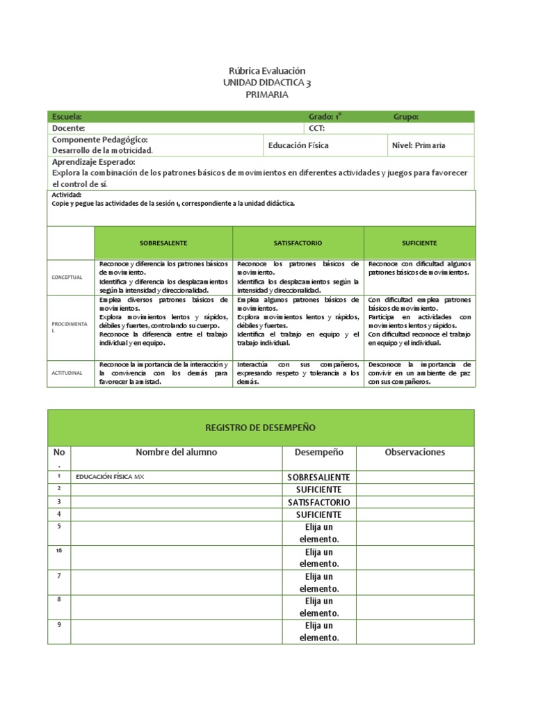 1° Primaria Unidad 3 - Rubrica | PDF | Aprendizaje
