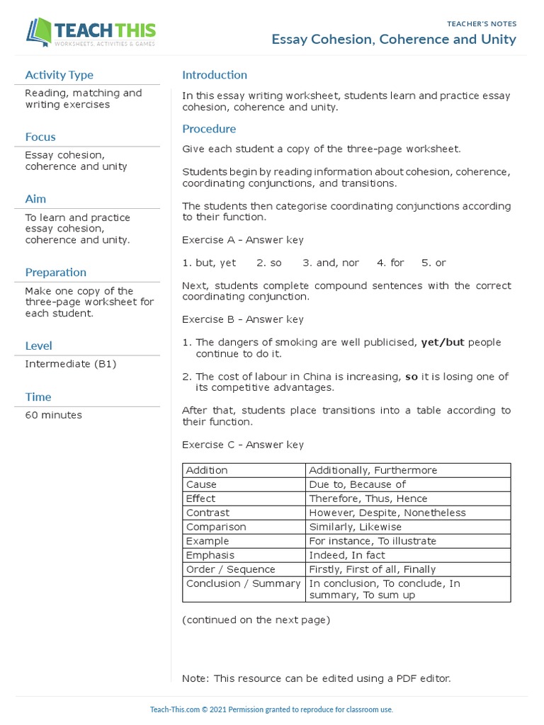 Essay Cohesion Coherence and Unity Worksheet | PDF | Antivirus Software ...
