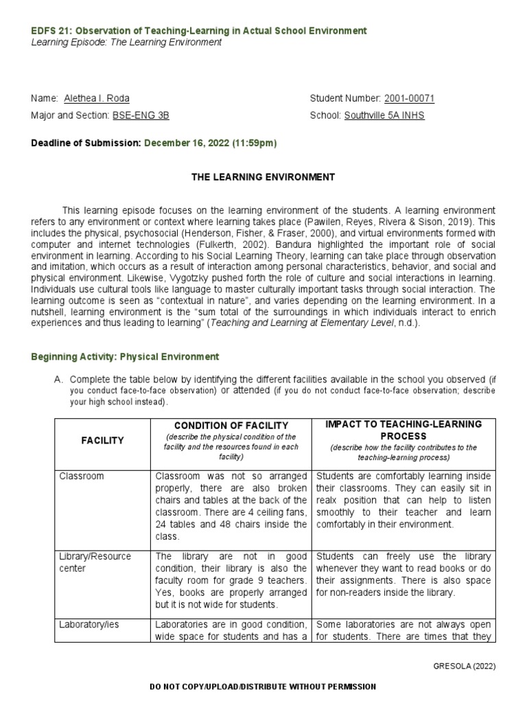 Learning Episode 1 The Learning Environment | PDF | Learning | Classroom