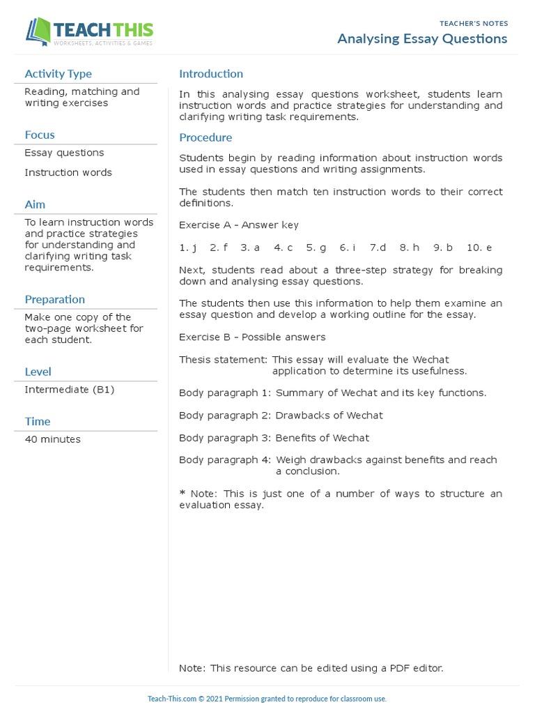 Analysing Essay Questions Worksheet | PDF | Essays | Question