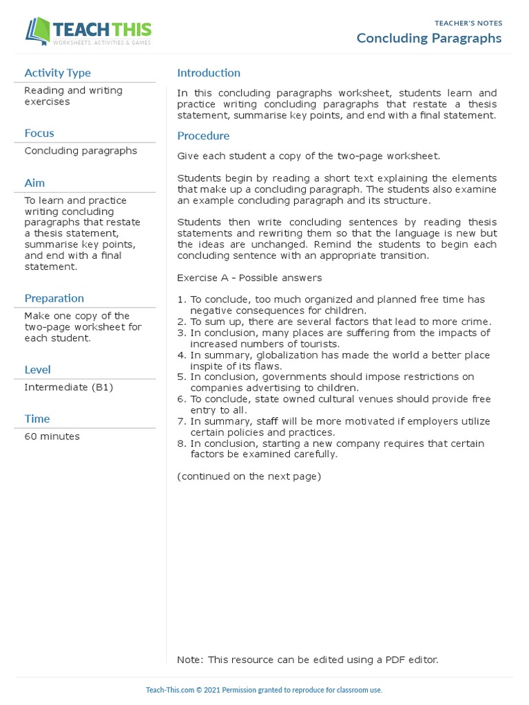 Concluding Paragraphs Worksheet | PDF | Essays | Thesis