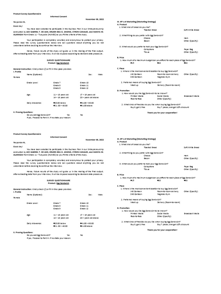 Entrep Business Plan | PDF | Sandwich | Questionnaire