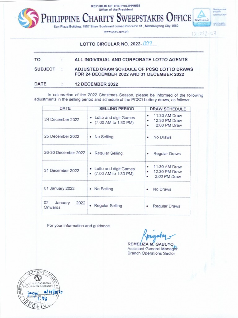 Lotto Circular No. 2022 009 Adjusted Draw Schedule of PCSO Lotto Draws ...