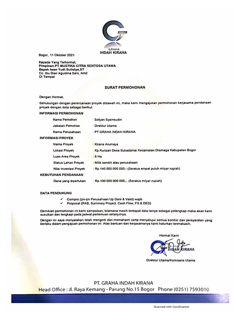 Surat Permohonan Pendanaan & Executive Summary | PDF