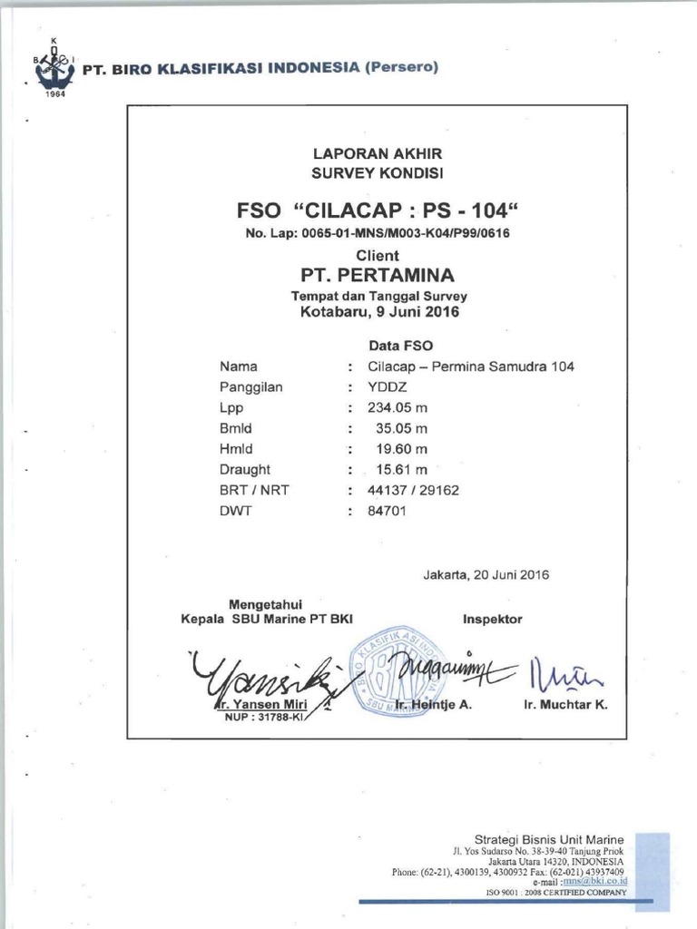 Lap Akhir Survey Kondisi FSO Cilacap - BKI | PDF