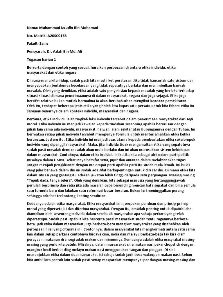 Muhammad Izzudin Bin Mohamad - Tugasan Harian 1 | PDF | Gaya Hidup
