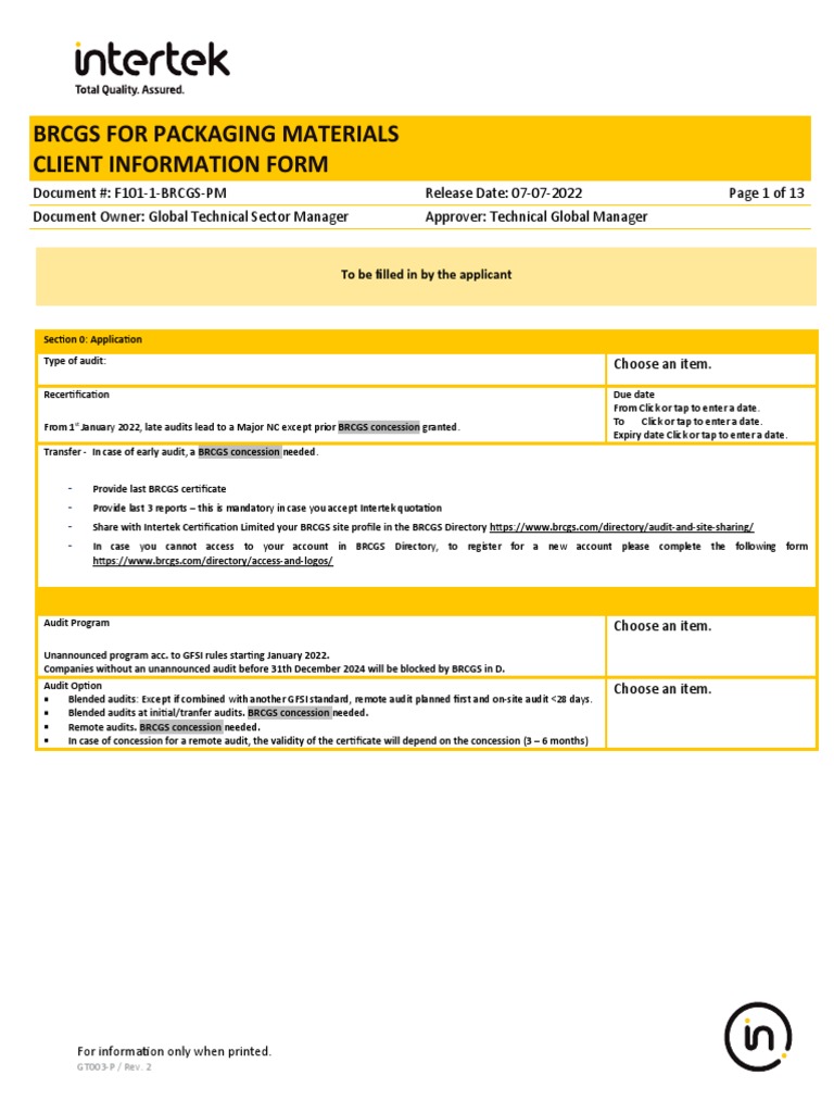 F101-1-BRCGS-PM Client Information Form | PDF | Audit | Packaging And ...