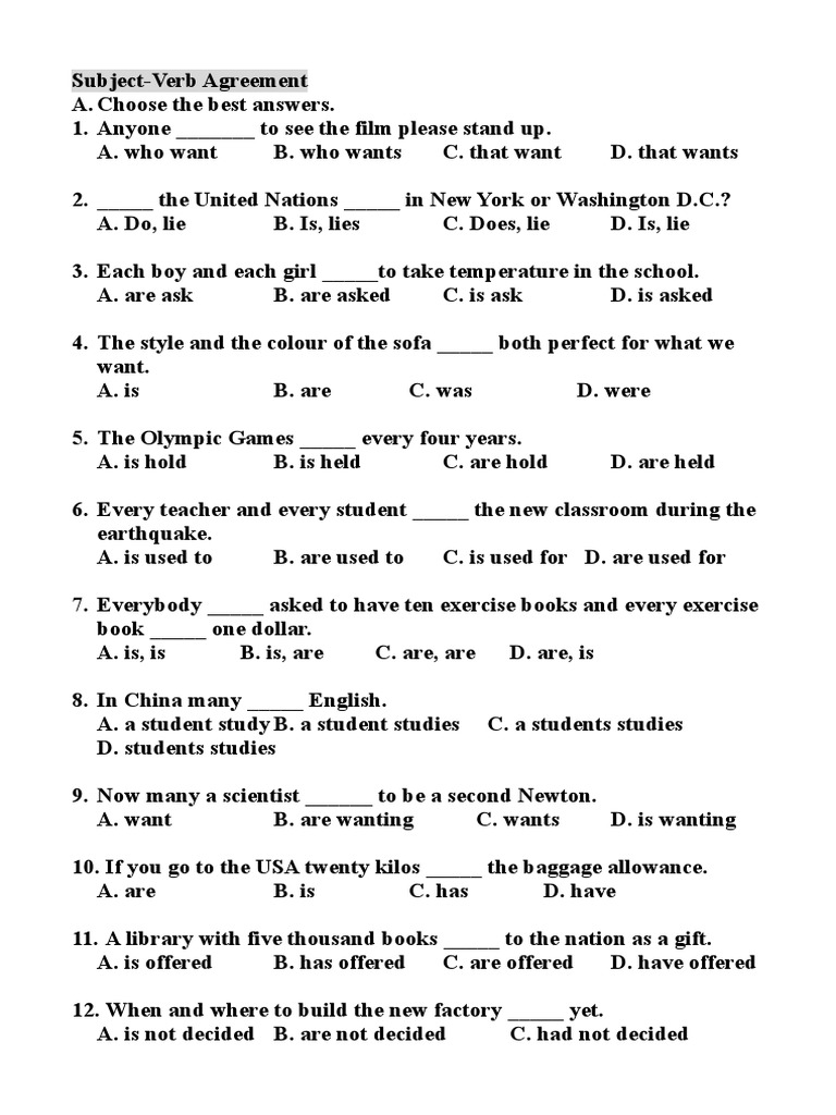 Subject Verb Agreement Ws For Student | PDF