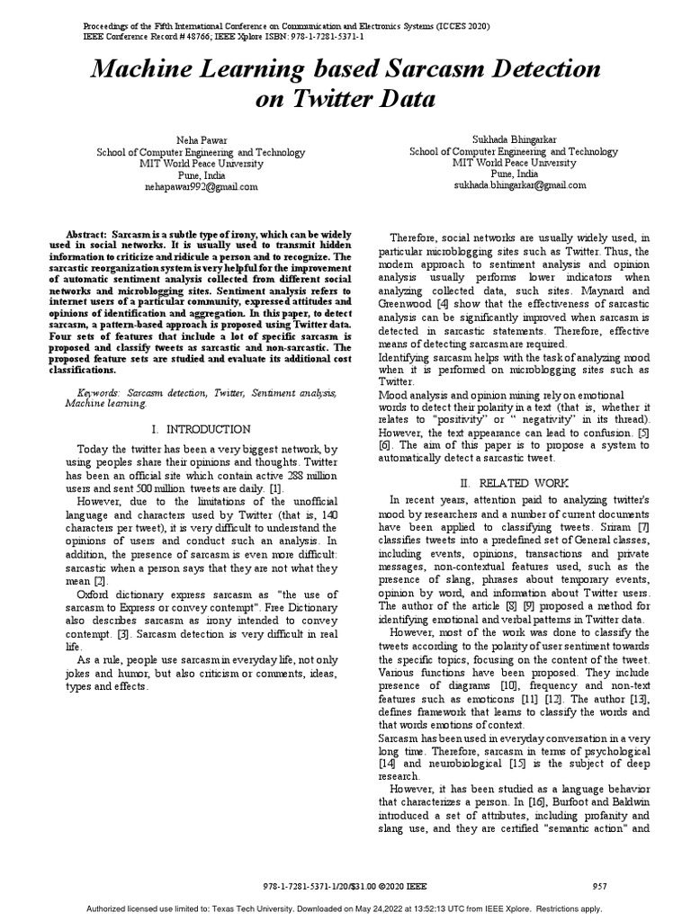 Machine Learning Based Sarcasm Detection On Twitter Data Download Free Pdf Accuracy And