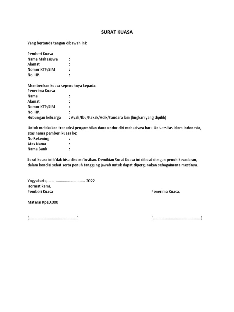 Surat Kuasa Pengembalian Dana | PDF