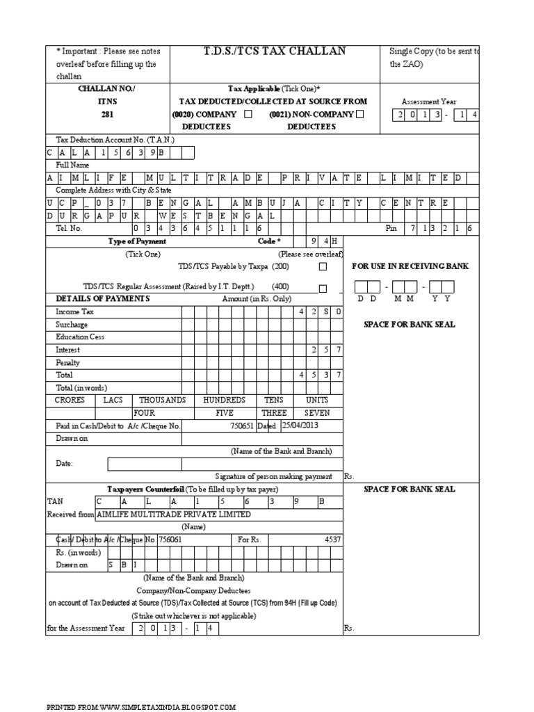 Tds Challan 281 Nov'2021 | PDF | Payments | Cheque