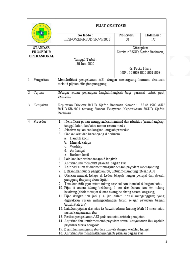 SOP Pijat Oksitosin untuk Perawat | PDF
