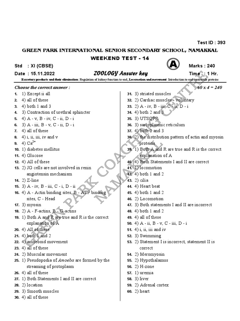 ZOOLOGY Answer Key: Green Park International Senior Secondary School ...