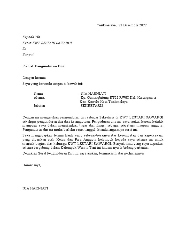 Contoh Surat Pengunduran Diri Karyawan | PDF