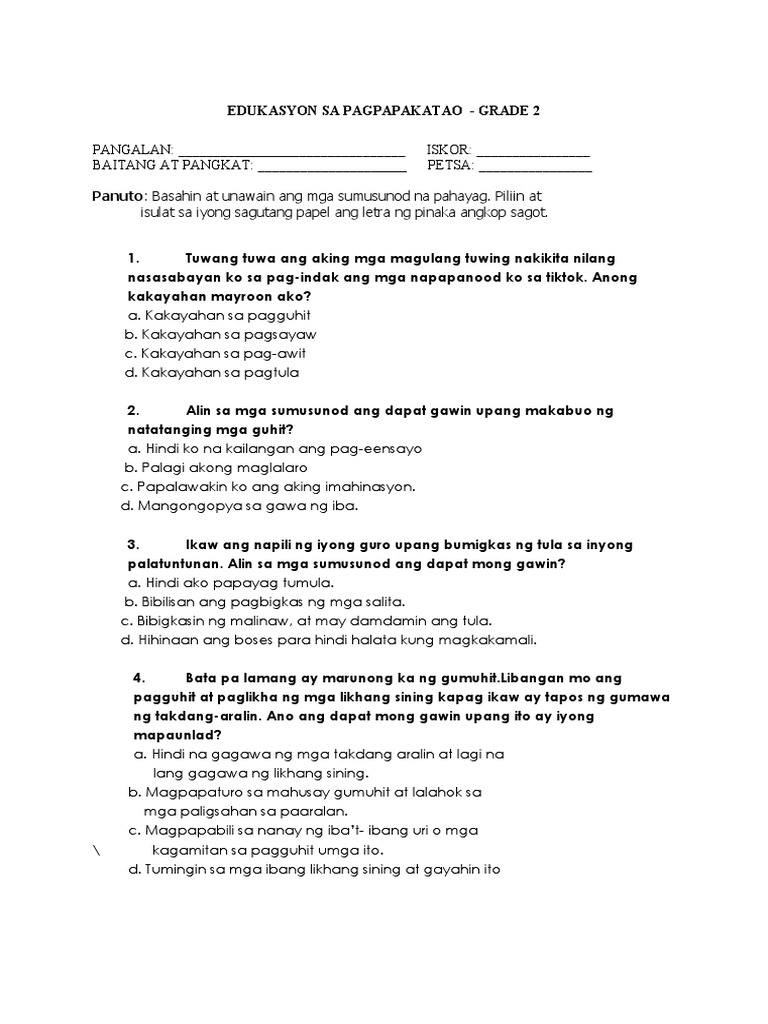 Test Item - Grade 2 - EsP | PDF