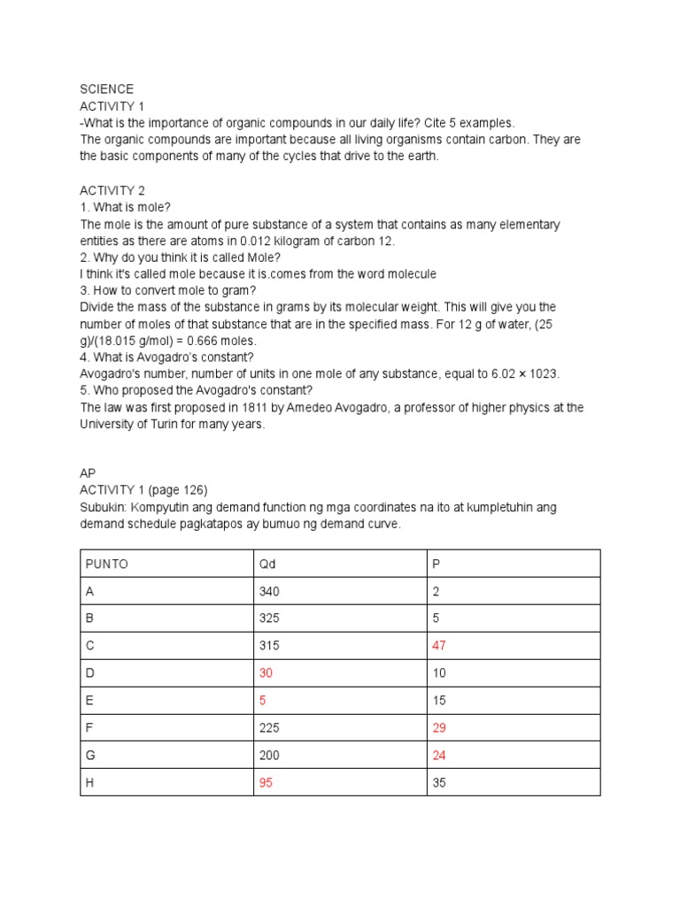 G9 Science and AP Activity | PDF | Mole (Unit) | Physical Sciences