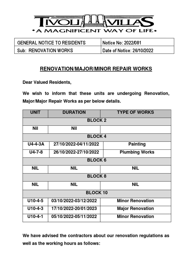 Notice of Renovation Works at Tivoli Villas | PDF