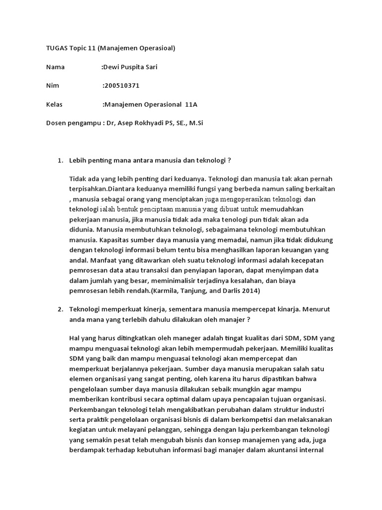 Tugas Topik 11 - MO - Dewi Puspita Sari - 200510371 | PDF | Bisnis
