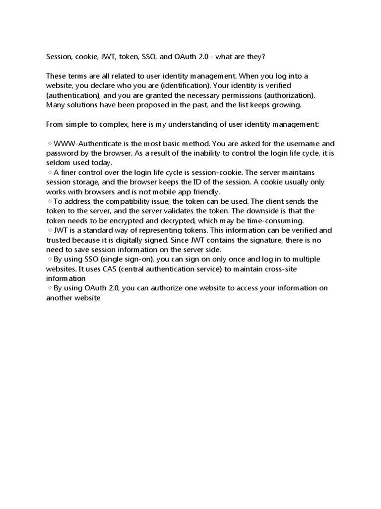 Session Cookie JWT Token SSO and OAuth 2 What Are They | PDF