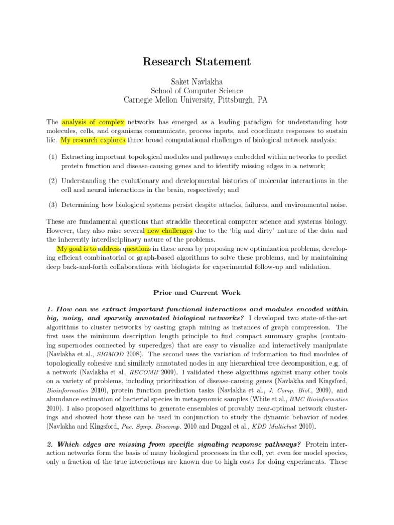 Research Statement: Saket Navlakha School of Computer Science Carnegie ...