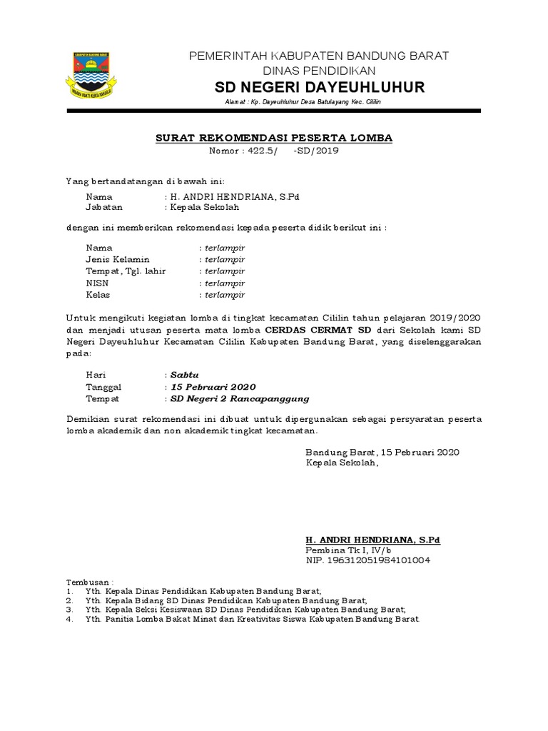 Surat Rekomendasi Peserta Lomba - CERDAS CERMAT | PDF | Kesehatan Holistik