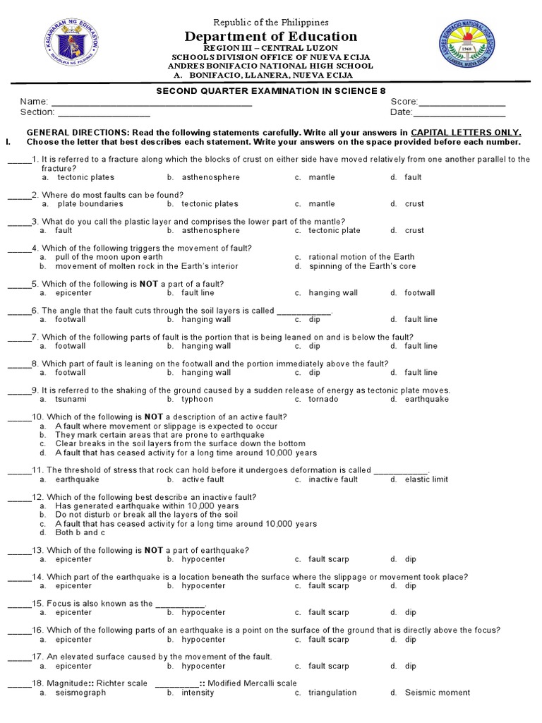 2nd Quarter Exam Science 8 | PDF | Earthquakes | Tropical Cyclones