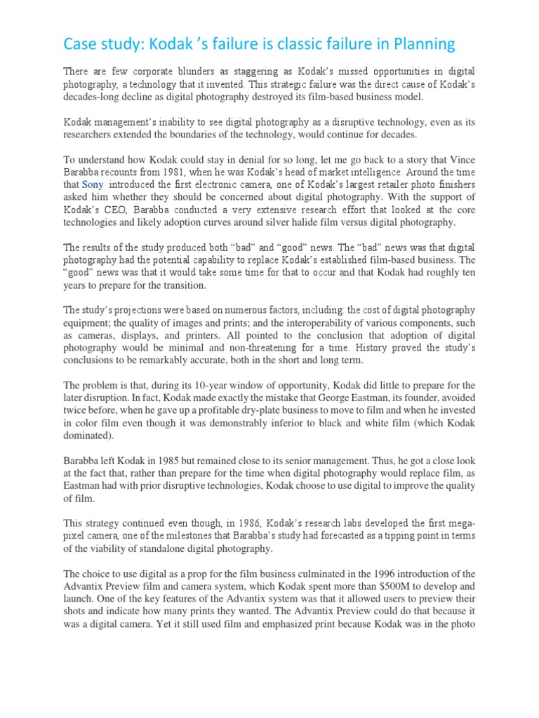 Kodak's Failure to Plan for Digital Disruption | PDF