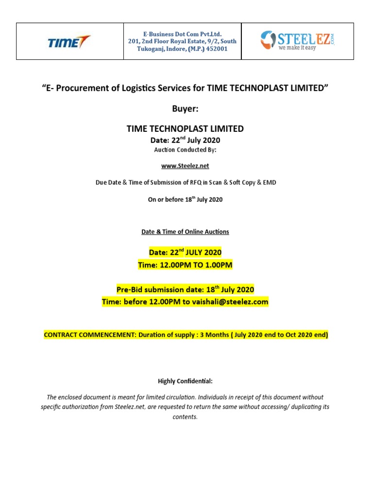 Updated - Terms - Conditions - Time - Technoplast - LTD DT 22. 07. 20 Pipes Reverse Bidding Ex ...