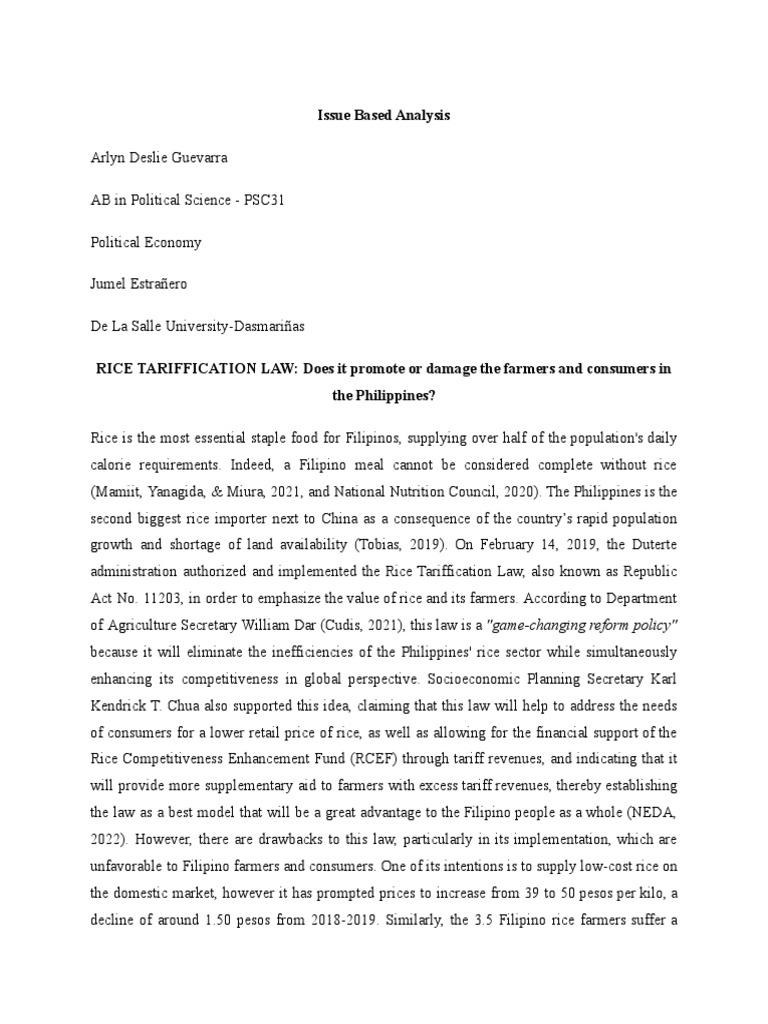 RICE TARIFFICATION LAW: Does It Promote or Damage The Farmers and Consumers in The Philippines ...